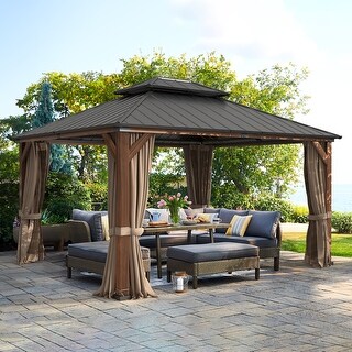 Outdoor Hardtop Aluminum Patio Gazebo with Curtains Steel Double Roof Pergolas - Bed Bath ...