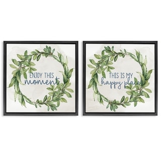 Stupell Enjoy Happy Greenery Wreath Framed Floater Canvas Wall Art ...