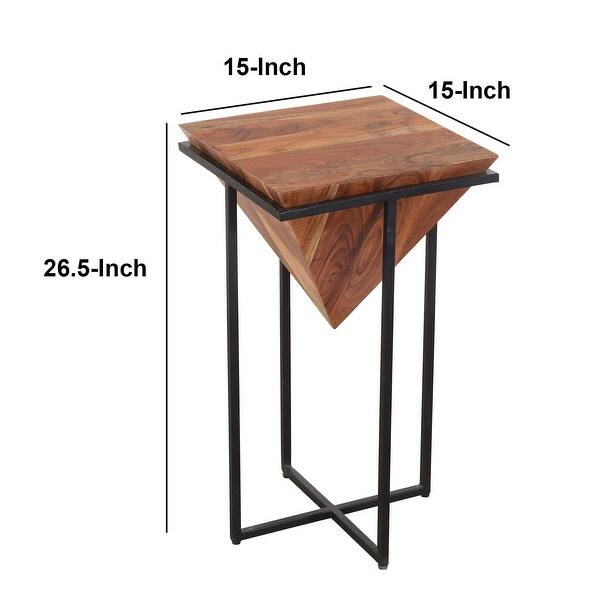 26 Inch Pyramid Shape Wooden Side Table With Cross Metal Base, Brown ...