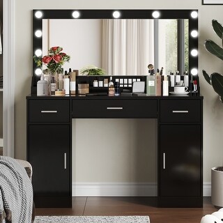 Large Black Dressing Table with Mirror 3 Drawers 2 Vertical Cabinets ...
