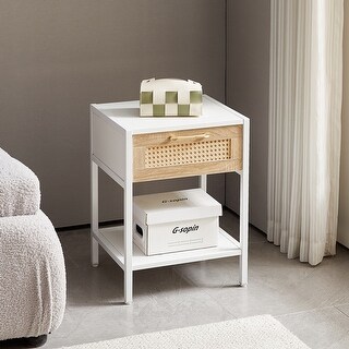 Rattan End Table, Nightstand with Open Storage Shelves and Drawer ...