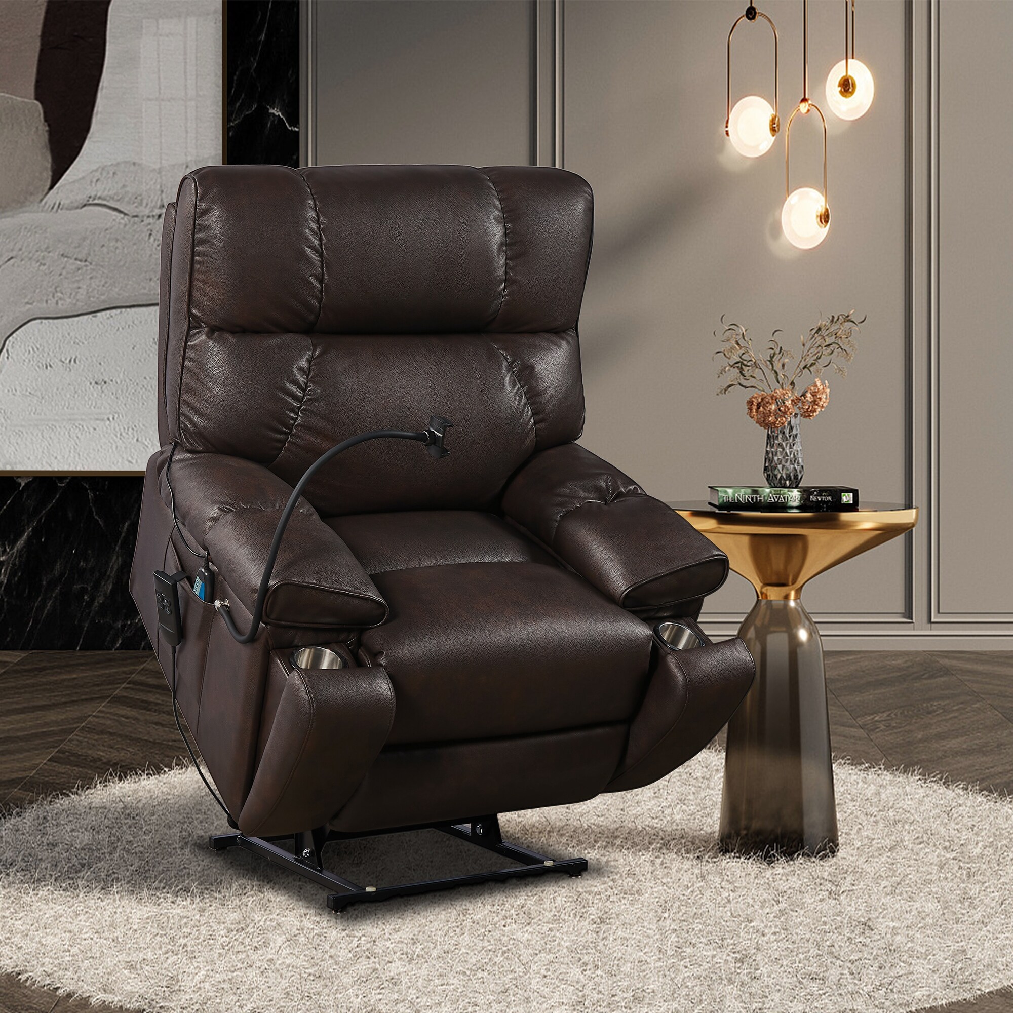 Brown Bonded Leather Power Lift Recliner Chair with Massage Heat Cup Holders and Adjustable Phone Holder Dual Motor Drive Bed Bath Beyond 40510372