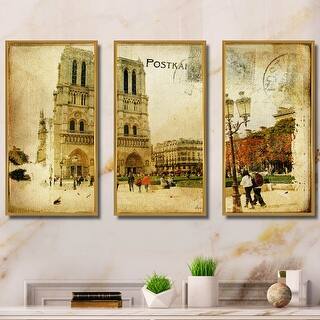 Designart "Notre Dame Cathedral Vintage Card" Cityscape Framed Canvas ...