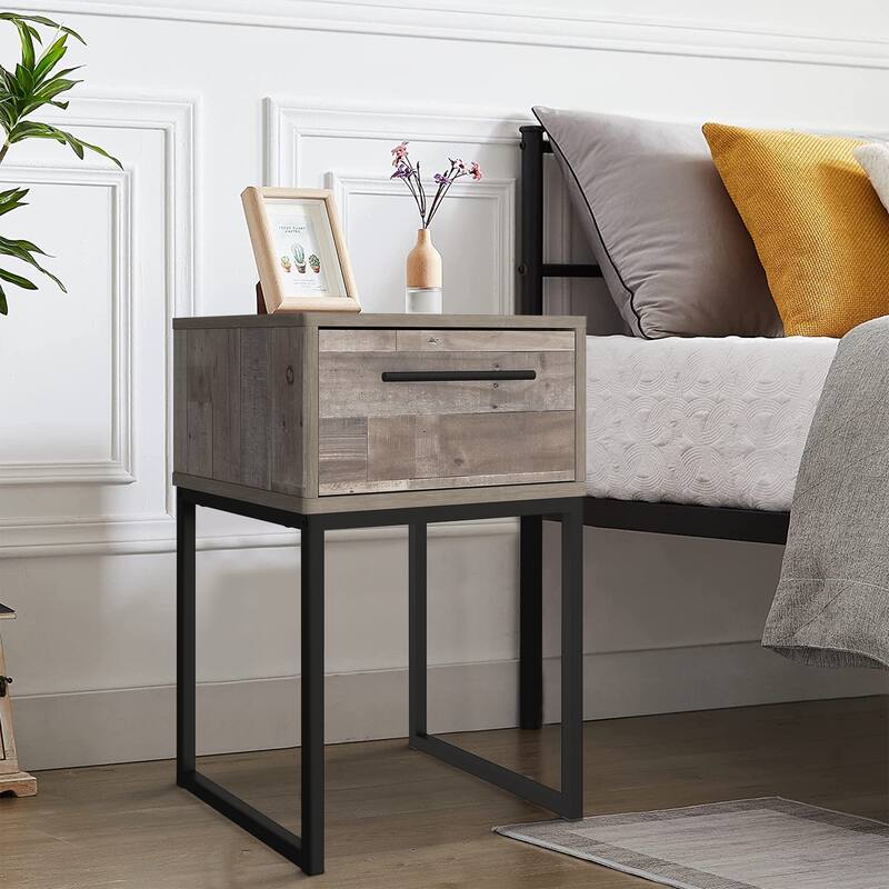 Grace 20 Inch Modern Nightstand, Metal Base, 1 Drawer, Whitewashed Wood ...