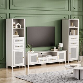 Boho Style TV Stand Set, Gold Metal Handles, Console, and 2 Tall ...