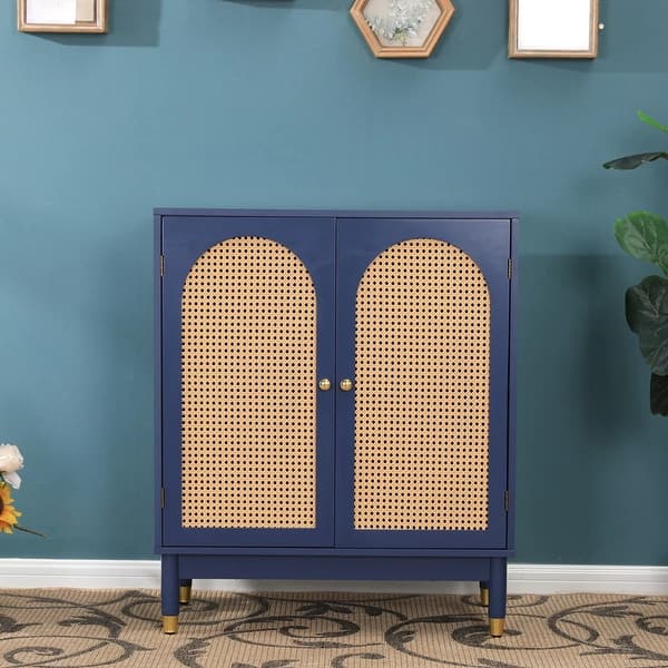 Blue Storage Cabinet with Rattan Doors and Adjustable Shelves - Bed ...