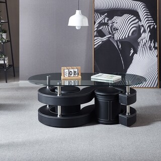 3 Pieces Coffee Table Set, Oval Tempered Glass Table and 2 Leather ...