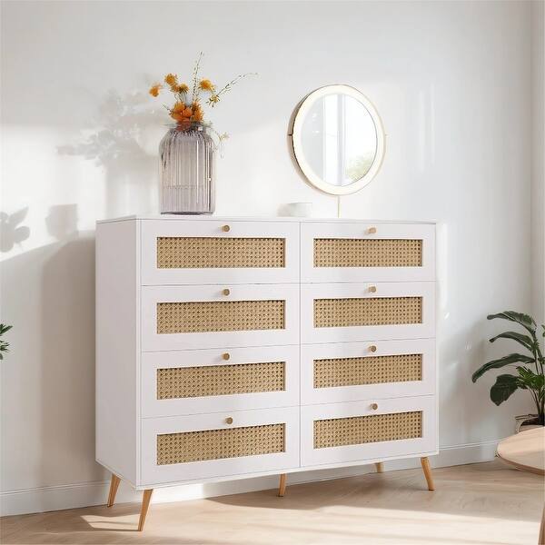 8 Drawers Chest with Rattan Drawer Face Golden Legs and Handles - Bed ...