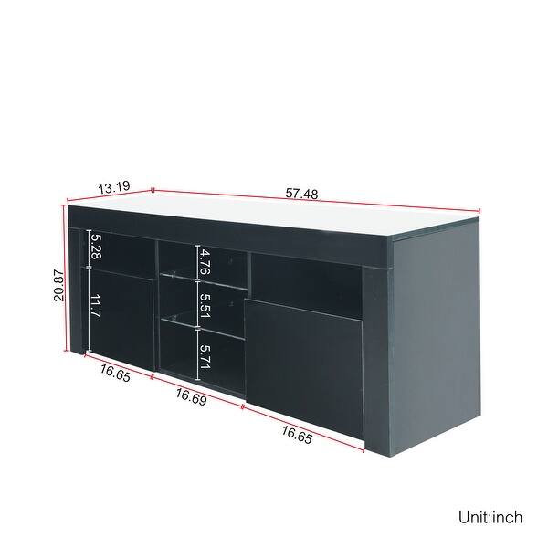 57 inch LED Media TV Stand with 2-Tier Glass Shelf& 2 Open Compartment ...