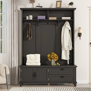 59 Inches Wide Entryway Hall Tree With Bench And Coat Racks, Hall Tree ...
