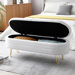 Oval Storage Bench Teddy Fabric Upholstered Beige Ottoman Storage ...