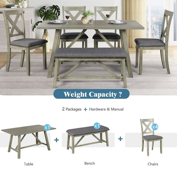 6-Piece Rustic Triangular Support Dining Table Set Wood Upholstered ...