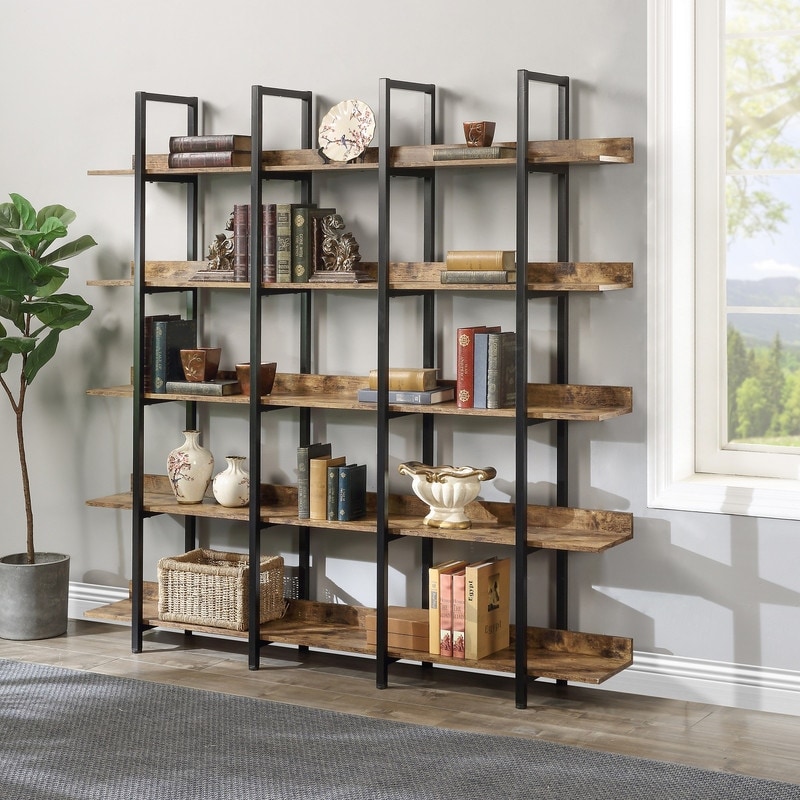 Industrial Style 5 Tier Cross Design Bookcase Home Office Open Bookshelf Vintage Industrial Style Shelf MDF Board On Sale Bed Bath Beyond 37403296