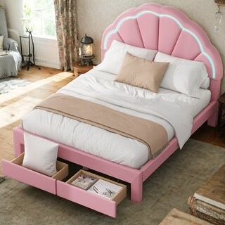 Full Size Upholstered Platform Bed with Seashell Shaped Headboard, LED ...