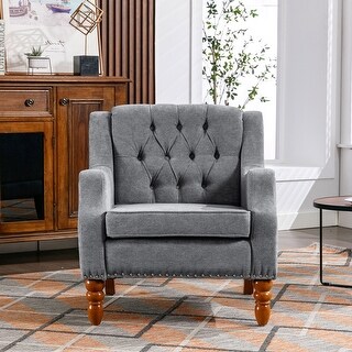 Grey Accent Chair with Vintage Brass Studs, Button Tufted Upholstered ...