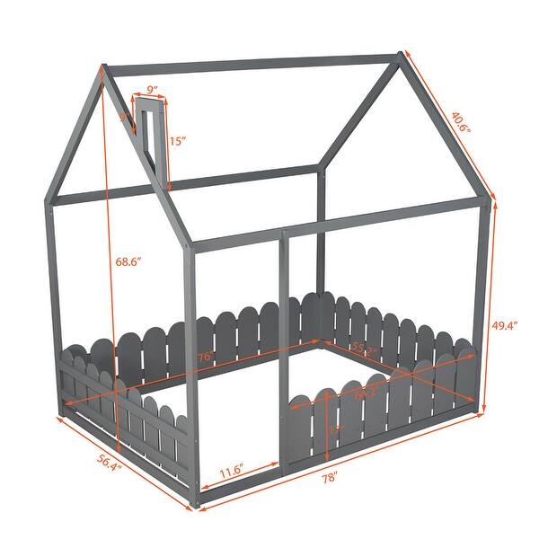 Full Size Semi-enclosed Play House Floor Bed with Open Frame / Roof ...