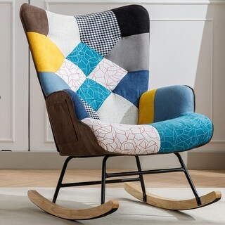 Blue Modern Patchwork Accent Chair with Solid Wood Armrest and Feet ...