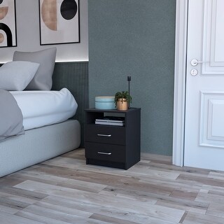 Black Chipboard Bedside Table with Two Drawers and Open Shelf for ...