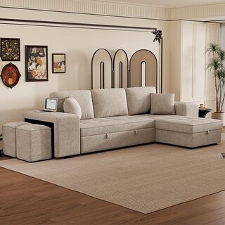 L-Shape Convertible Sleeper Sofa Reversible Sectional Couch, Cream ...