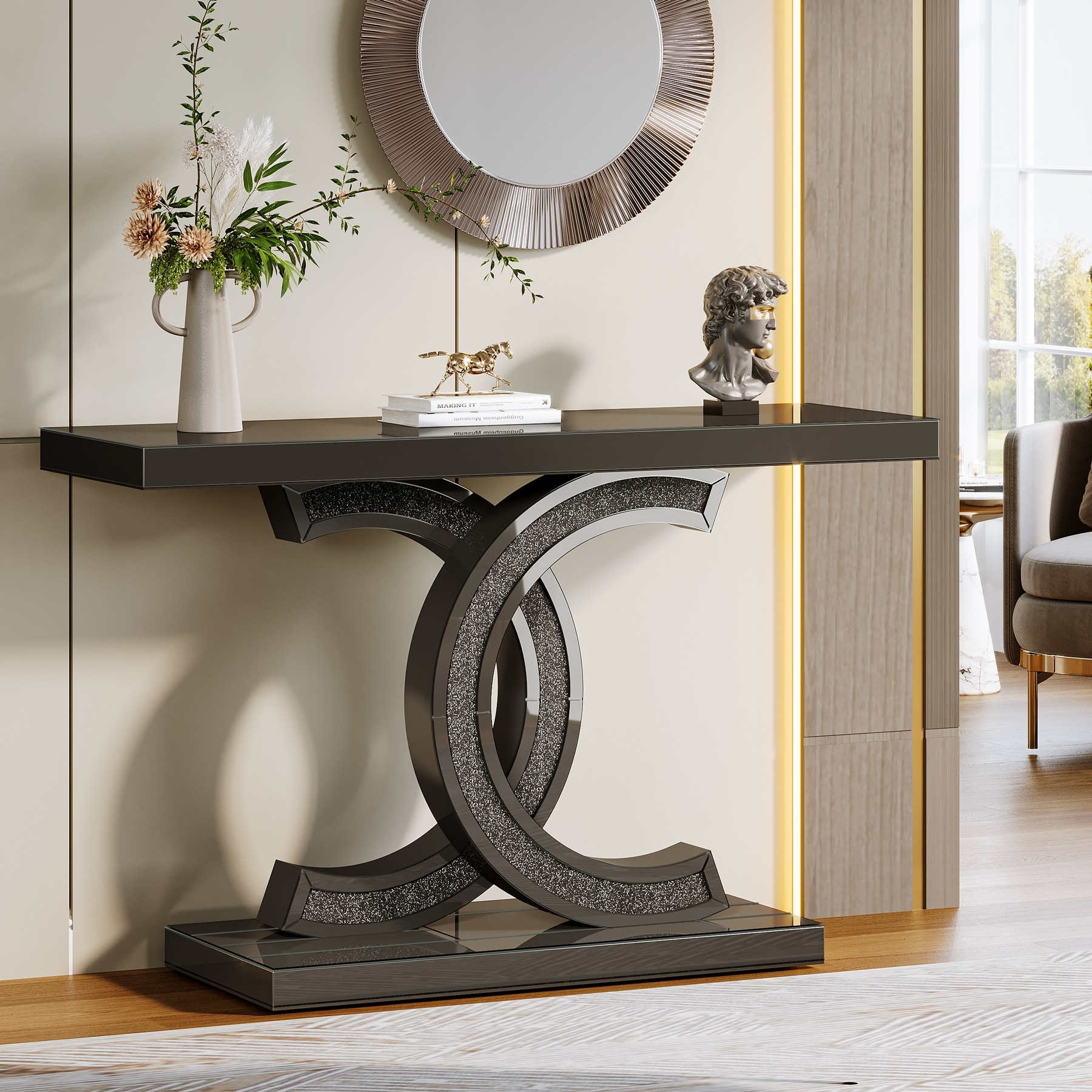 Modern Mirrored Console Table Silver Entryway Table with Sparkling Crystal Inlays