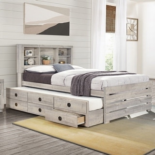 Captain Bed with Bookcase Headboard, Wood Platform Bed Frame with ...