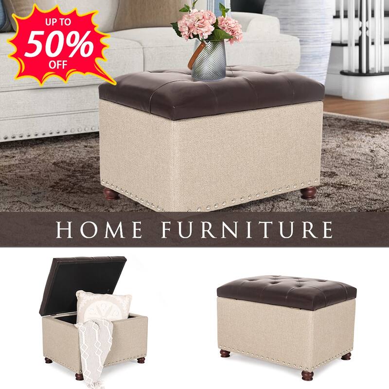 Adeco 24'' Rectangular Upholstered Storage Ottoman Fabric Foot stool ...