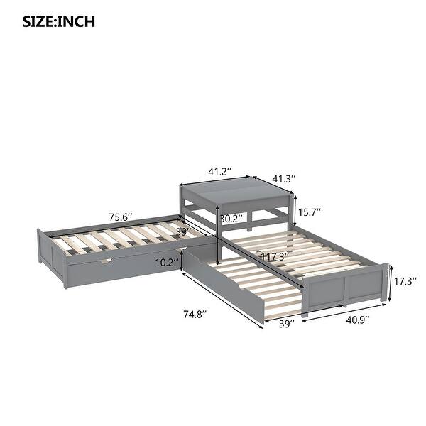 Twin Size L-shaped Platform Bed with Two Trundles and Built-in Table ...