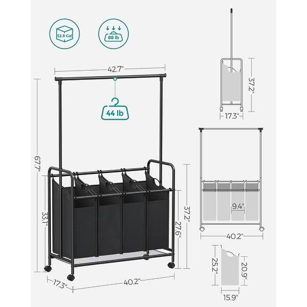 4-Section Laundry Sorter with Removable Hanging Bar and Lockable Wheel ...