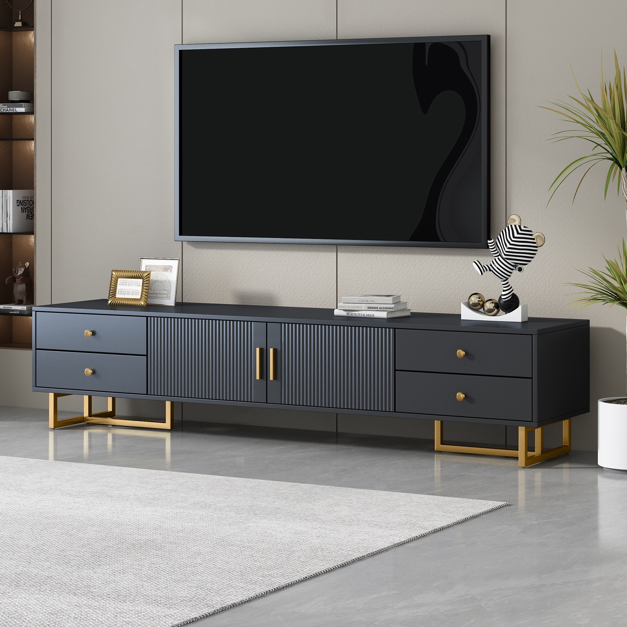TV Stand Center with Drawers Metal T Shaped Legs Gray Wash
