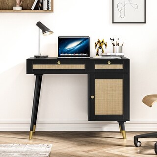 Farmhouse Rattan Computer Writing Desk - Black/Gold - 39.4" - 2 Drawers ...