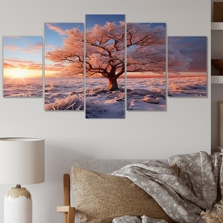 Designart "Pink Tree Winters Sunrise Glow" Landscapes Multipanel Wall ...