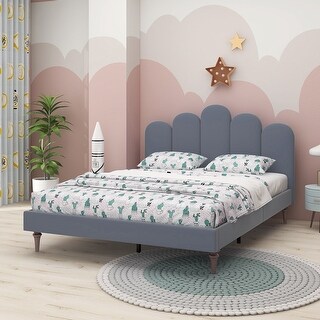 Grey Linen Queen Platform Bed - Wooden Slat Frame, Metal Legs, Box ...