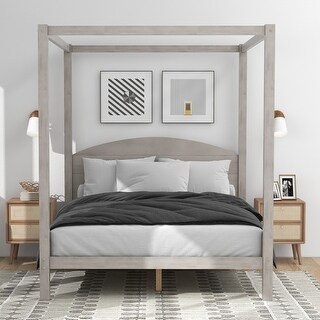 Queen Size Canopy Platform Bed with Vintage Headboard Grey Wash - Bed ...