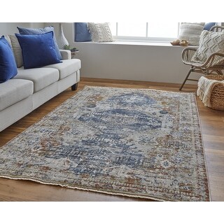 5' X 8' Ivory Orange And Blue Floral Power Loom Distressed Area Rug ...