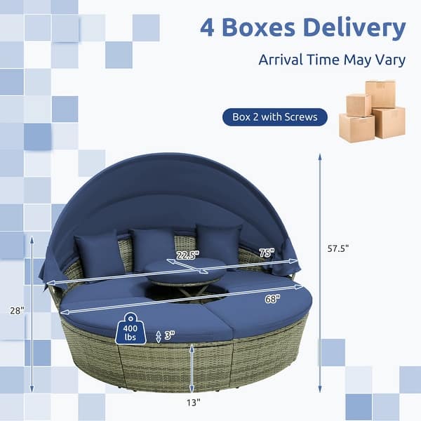 Patio Rattan Daybed Outdoor Sectional Seating with Side Table & Canopy ...