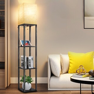 63 in.1-Light Column Shelf Floor Lamp with Linen Shade and LED Bulb ...