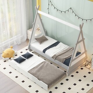 Twin Size Tent Shape Bed with Pull-out Twin Size Trundle, Wooden Floor ...
