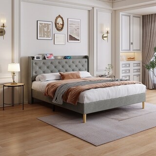 Dark Gray Queen Size Cotton Linen Fabric Bed with Mesh Backboard and ...