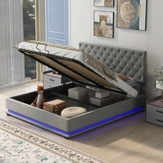Velvet Queen Size Storage Upholstered Platform Bed with Adjustable ...