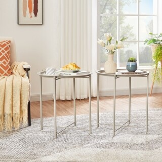 Set of 2 Folding TV Tray End Tables, Round Side Sofa Table Anti-Rust ...