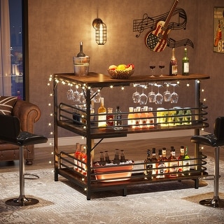 L-Shaped Home Bar Unit, 3 Tier Liquor Bar Table with Wine Glasses ...