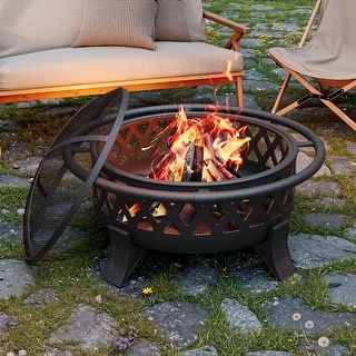Outdoor Fire Pit with Spark Screen Cover, 37 Inch Wood Burning Fire Pit ...