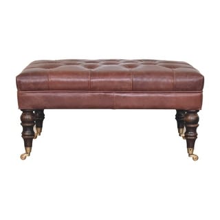 Artisan Furniture Solid Wood Buffalo Brown Leather Ottoman with Castor ...