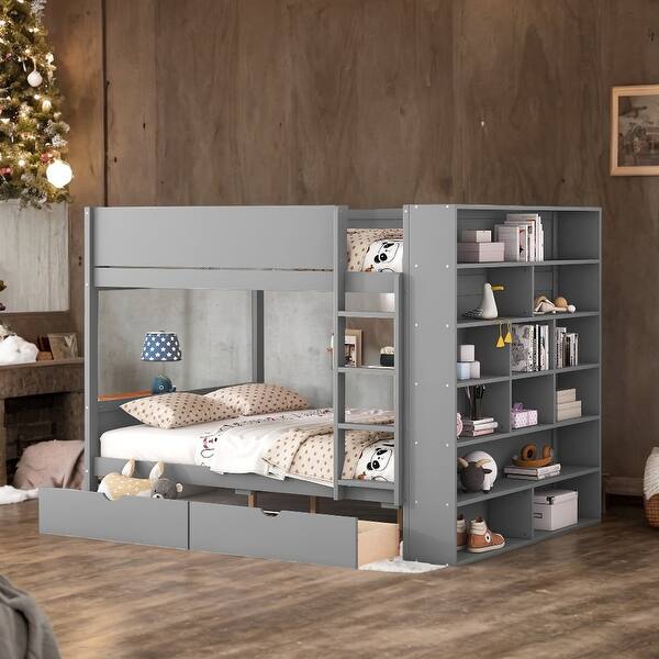 Stylish & Simple Full over Full Maximized Space Bunk Bed With 2 Drawers and Multi-layer Cabinet ...