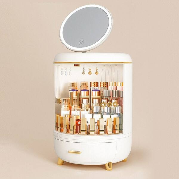 Round Makeup Storage Organizer Box with Mirror Led Light - Bed Bath ...