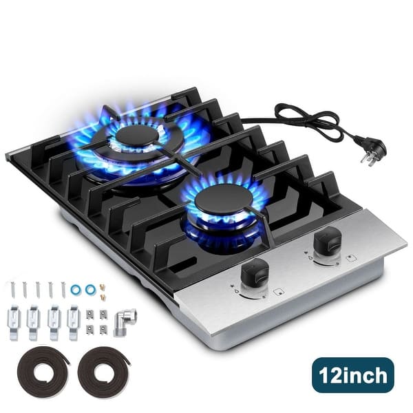 2 Burners Gas Cooktop 12 inch Stainless Steel Tempered Glass NG/LPG ...