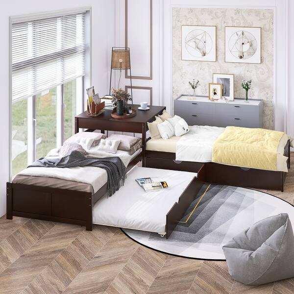 Rasoo 4 in 1 L-shaped Corner Bed Twin Floor Storage Platform Bed with 2 ...