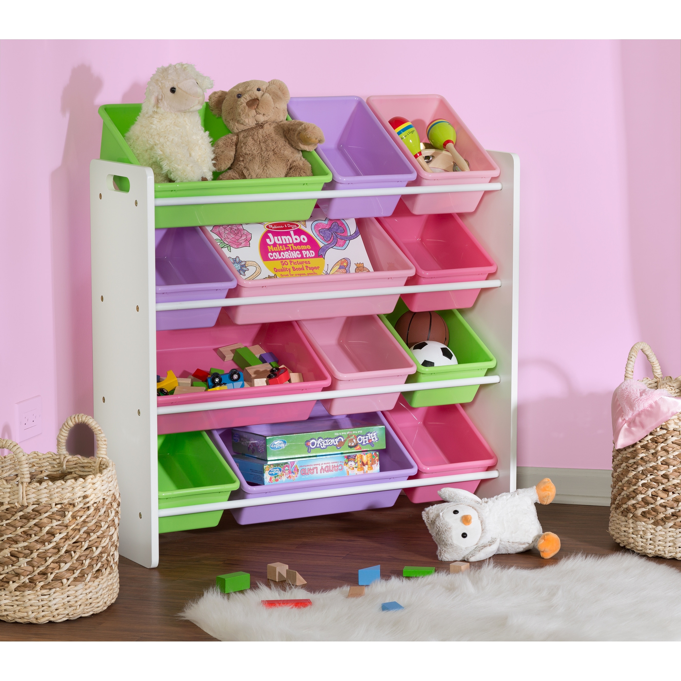 Colored toy storage bins store