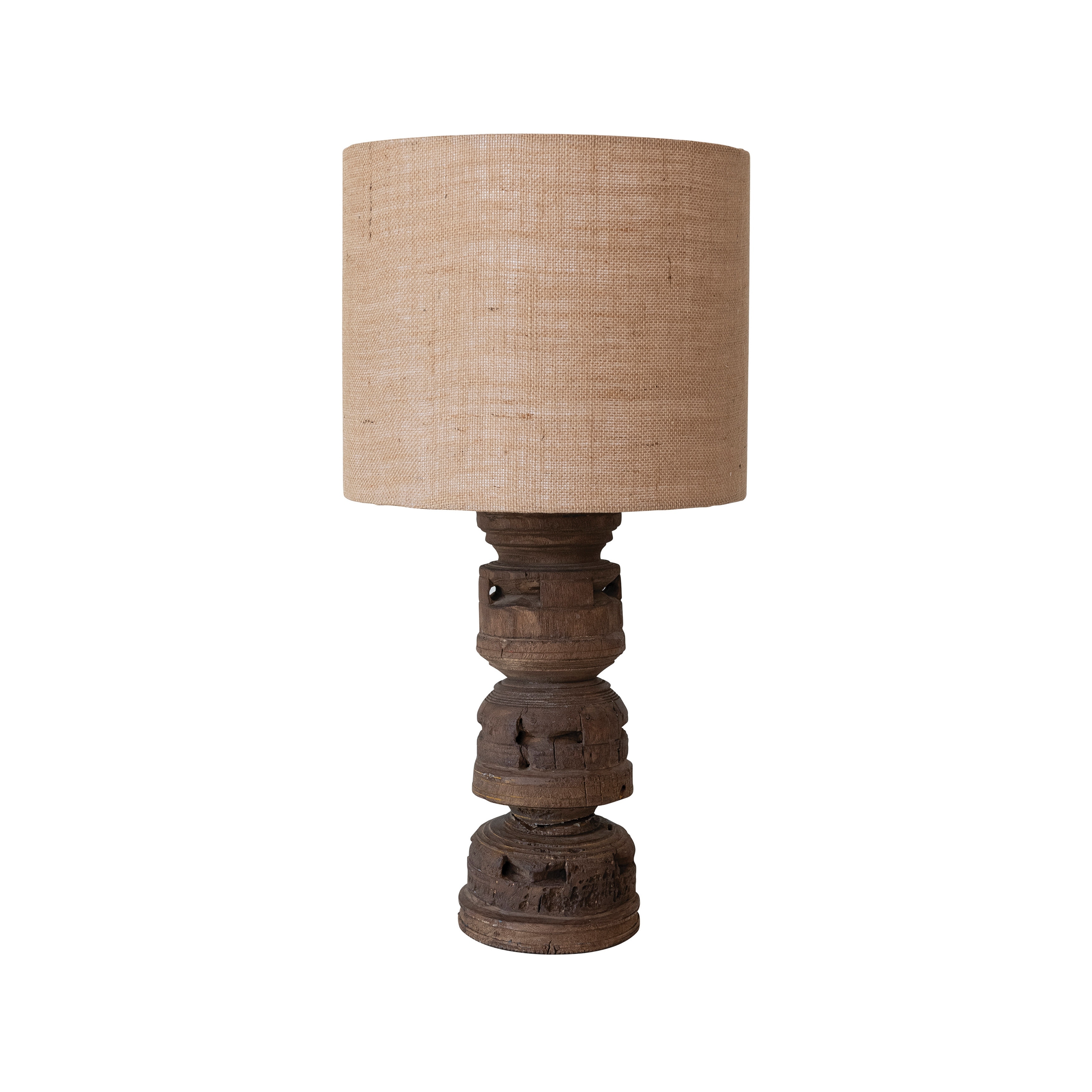 Reclaimed Wood Table Lamp with Printed Cotton Chambray Shade - 10.0"L x ...