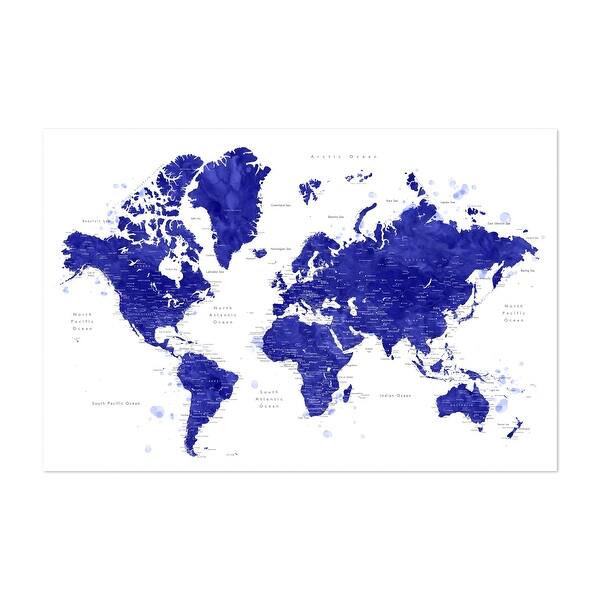 Dark Blue World Map with Cities Maps Coastal Urban Art Print/Poster ...